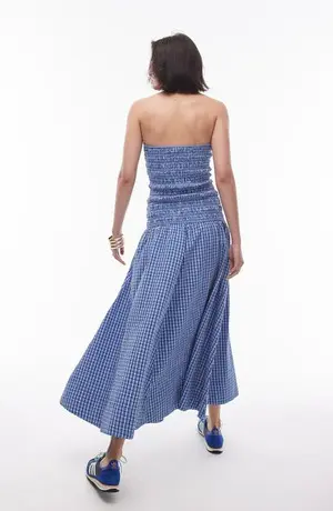 Topshop Plaid Smocked Strapless Maxi Dress