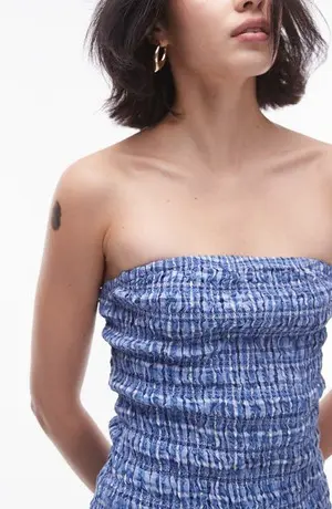 Topshop Plaid Smocked Strapless Maxi Dress