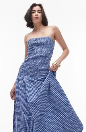 Topshop Plaid Smocked Strapless Maxi Dress