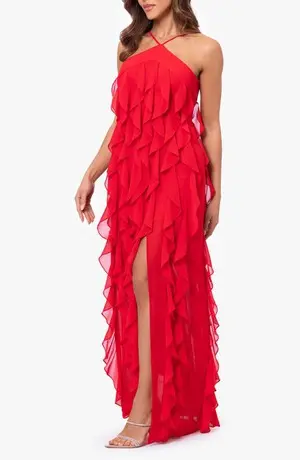 XSCAPE EVENINGS Corkscrew Ruffle Chiffon Gown