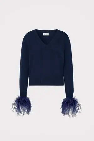 MILLY Feather Cuff V-neck Sweater - Navy