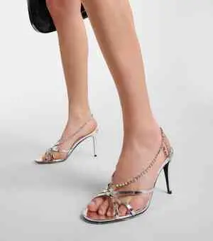 Gucci Heloise Embellished Metallic Leather Sandals