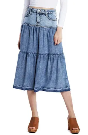 WASH LAB DENIM Tiered Midi Skirt