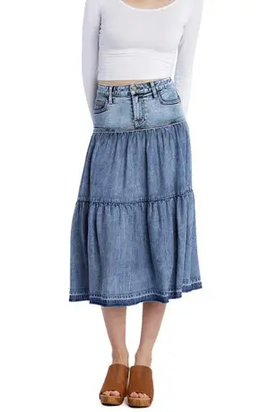 WASH LAB DENIM Tiered Midi Skirt
