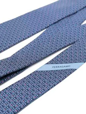 FERRAGAMO Gancini-print Silk Neck Tie - Blue