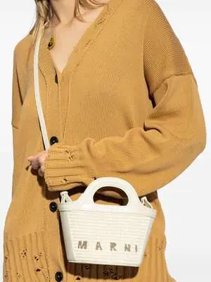 Marni Tropicalia Micro Bag In Leather And Raffia-effect Fabric - White