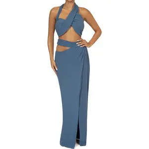 JLUXLABEL JLUXLABEL Asymmetric Crop Top & Skirt Set Blue