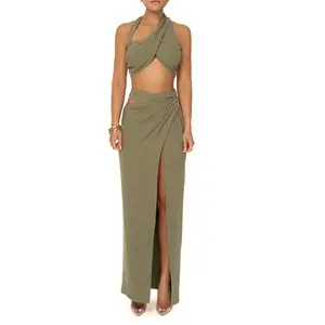JLUXLABEL Asymmetric Crop Top & Skirt Set - Green