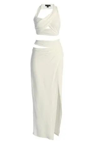 JLUXLABEL Asymmetric Crop Top & Skirt Set - White