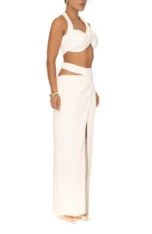 JLUXLABEL Asymmetric Crop Top & Skirt Set - White