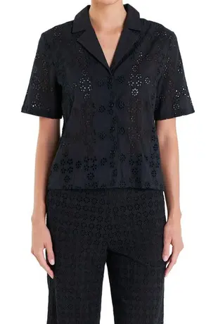 English Factory Floral Eyelet Cotton Camp Shirt - Black