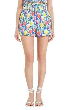English Factory Tulip Print Ruffle Cotton Shorts