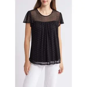 Loveappella Polka Dot Sheer Yoke Top