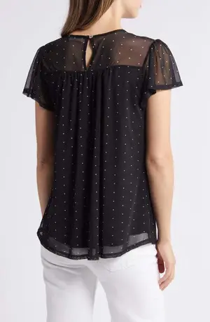 Loveappella Polka Dot Sheer Yoke Top