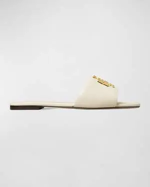 Tory Burch Eleanor Leather Flat Slide Sandals Light Cream  Gold
