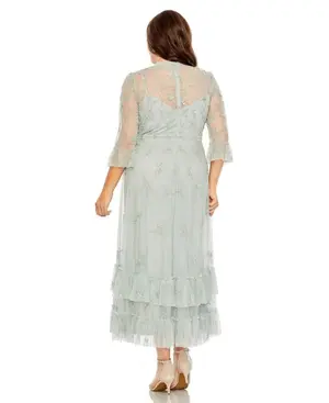 Mac Duggal Plus Flutter Half Length Sleeve High Neck Embellished Dress - Sage