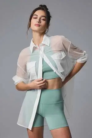 Alo Yoga Sheer Effusion Button Down Long Sleeve Top In Size