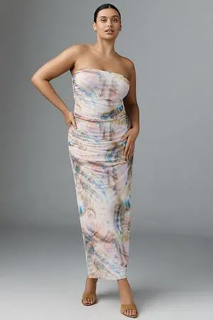 AFRM AFRM Strapless Ruched Mesh Floral Print Midi Dress Pearly Shell