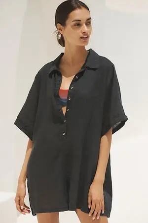 Anthropologie Short-sleeve Collared Linen Romper - Black Onyx