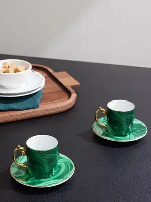 L'Objet Malachite Set Of Two Gold-plated Porcelain Espresso Cups And Saucers - Green