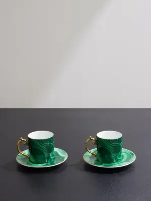 L'Objet Malachite Set Of Two Gold-plated Porcelain Espresso Cups And Saucers - Green