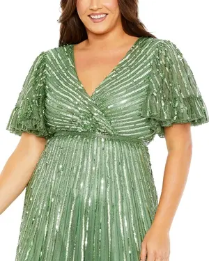 Mac Duggal Beaded Faux Wrap Flutter Sleeve Ruffle Dress