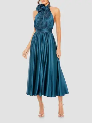 Mac Duggal Satin Halter Rosette Midi-dress - Ocean