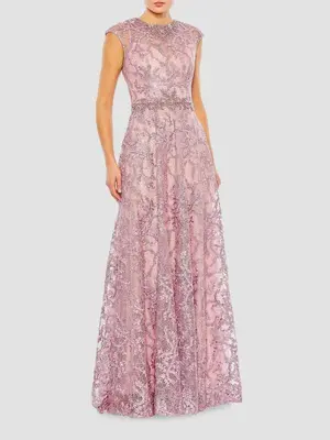Mac Duggal Embroidered Illusion Cap-sleeve Gown - Rose