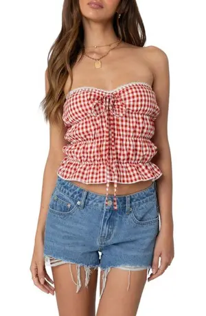 EDIKTED Lanna Gingham Scrunched Tube Top