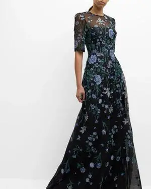 Rickie Freeman For Teri Jon Embroidered Tulle Gown - Black Mult