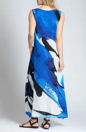 APNY Print V-neck Sleeveless Chiffon Midi Dress - Blue Multi