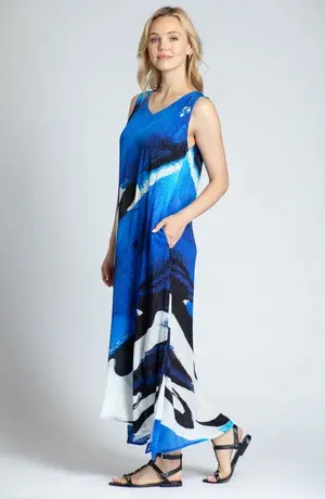 APNY Print V-neck Sleeveless Chiffon Midi Dress - Blue Multi