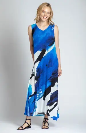 APNY Print V-neck Sleeveless Chiffon Midi Dress - Blue Multi