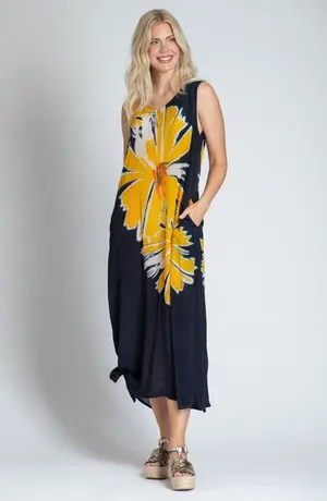 APNY Print V-neck Sleeveless Chiffon Midi Dress - Navy Multi
