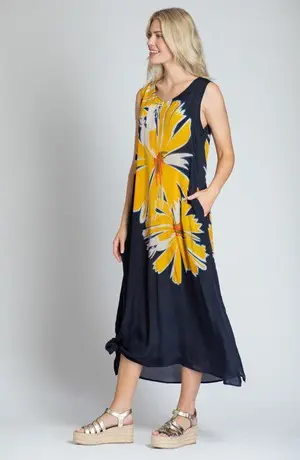 APNY Print V-neck Sleeveless Chiffon Midi Dress - Navy Multi