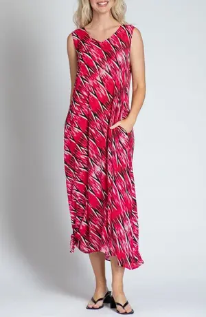 APNY Print V-neck Sleeveless Chiffon Midi Dress - Red Multi