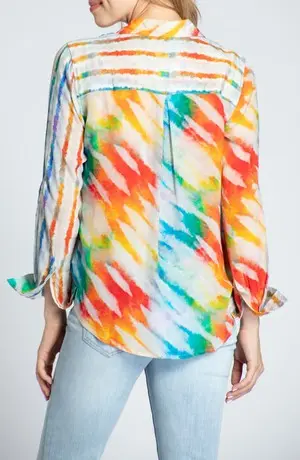 APNY Print Roll-up Sleeve Chiffon Button-up Shirt - Orange Multi