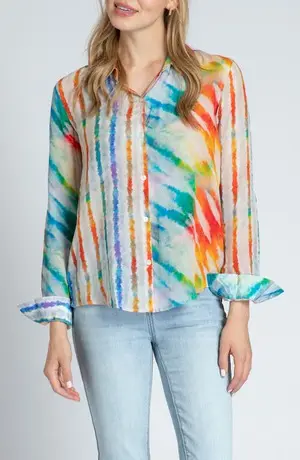 APNY Print Roll-up Sleeve Chiffon Button-up Shirt - Orange Multi