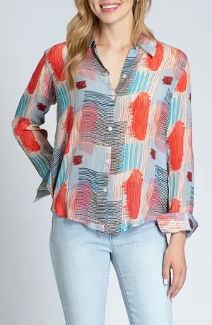 APNY Print Roll-up Sleeve Chiffon Button-up Shirt - Orange Multi