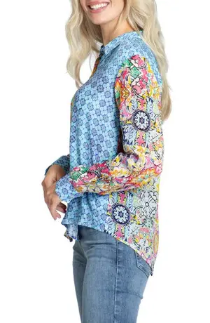 APNY Print Roll-up Sleeve Chiffon Button-up Shirt - Yellow Multi
