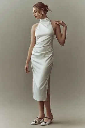 Bhldn Halter Satin Column Midi Dress - White