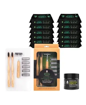 PURSONIC Grooming Essentials Bundle: Eco-friendly Razor + Flushable Wipes + Activated Coconut Charcoal Powder - Multicolor