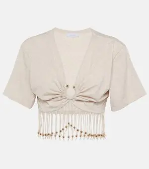Rabanne Fringed Beaded Crop Top - Neutrals