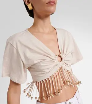 Rabanne Fringed Beaded Crop Top - Neutrals