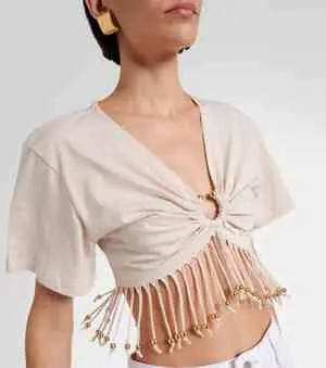 Rabanne Fringed Beaded Crop Top - Neutrals
