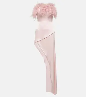 David Koma Feather-trimmed Satin Midi Dress - Pink