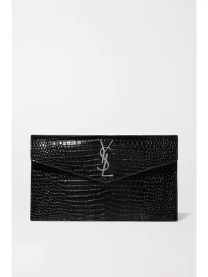 Saint Laurent Uptown Croc-effect Patent-leather Pouch - Black