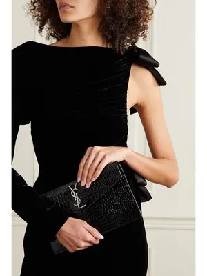 Saint Laurent Uptown Croc-effect Patent-leather Pouch - Black