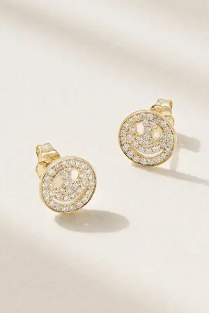SYDNEY EVAN Happy Face Diamond Stud Earrings - Gold