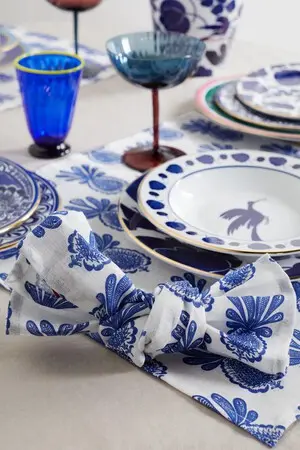 La DoubleJ Set Of Six Printed Linen Napkins - Blue